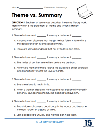 Theme vs. Summary Worksheets - 15 Worksheets.com